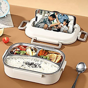 Lunch Box,1000ml Stainless Steel Bento Box,Versatile 3-Compartment Portable Lunch Box Container-Salad Lunch Containers for Adults/Kids with Spoon Fork Thermos Bag Accessories (Creamy White)