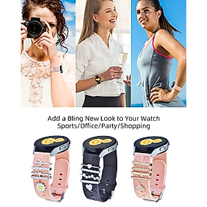Galaxy Watch Band Charms (20mm Band Included) Compatible with Samsung Galaxy Watch 4 40mm 44mm, Bling Watch Band Charm Decorative Ring Loops with Engraved Sunflower Silicone Band, Black