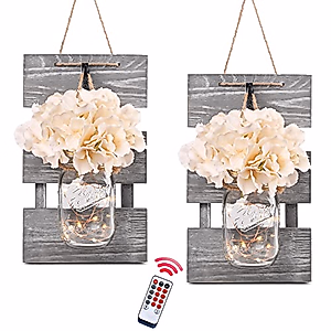 Besuerte Rustic Lighted Mason Jars for Farmhouse,Home Decor,Living Room, Bathroom, Hanging Vintage Wall Sconce 6-Hour Timer(Set of 2),Gray