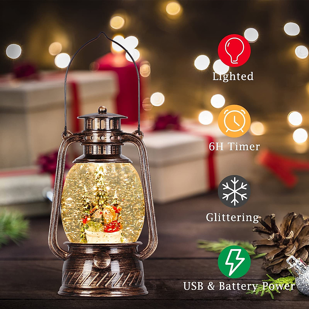 Christmas Snow Globes with Two Cute Snowman, Kikth Snowglobes Christmas Lantern Glitter Lighted for Christmas Decorations and Gift, Bronze