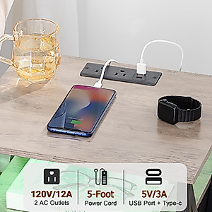 AMHANCIBLE Night Stand Set 2, LED Nightstand with Charging Station, End Side Tables with USB Port & Outlet, Bedside Table with 3 Fabric Drawers for Bedroom Living Room, Greige, HET053LGY