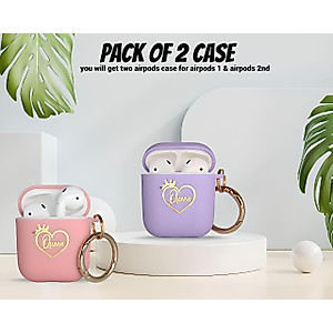 REDX1 [2 Pack] Case Compatible with Airpods 1&2nd Generation Gold Queen Design Protective Cover with Gold Keychain Accessories,TPU for Case for Women,Girl,Teen,Accessories Keychain (Purple,Pink)