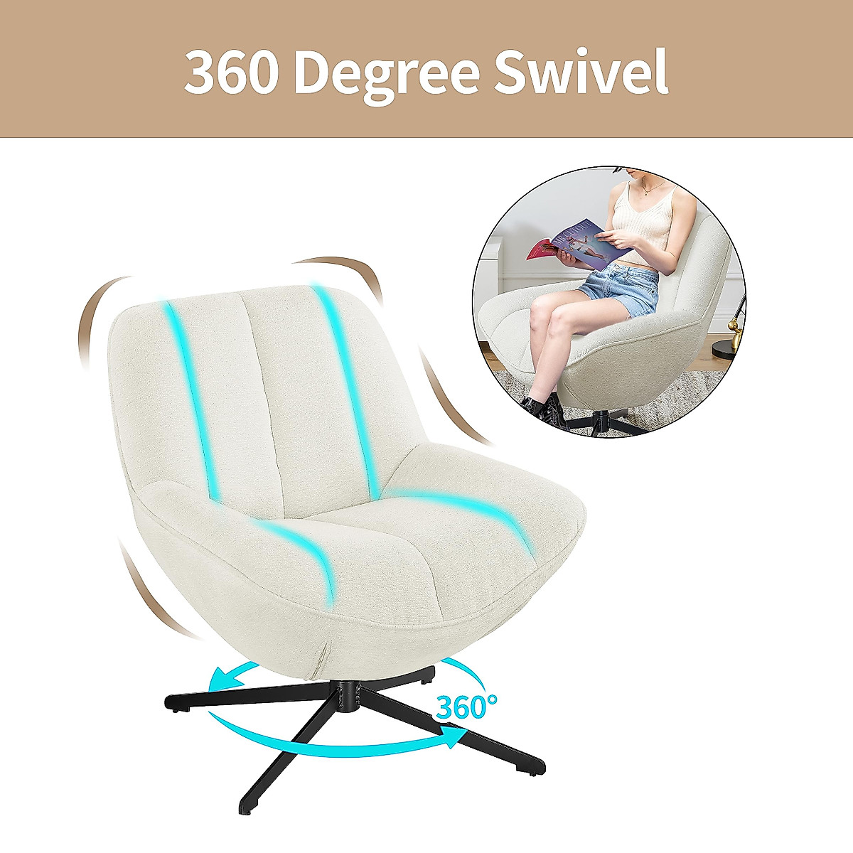 Art Leon Modern Swivel Accent Chair, Fabric upholstered Lounge Chair, Single Sofa Chair with Metal Legs, Comfy Reading Chair for Living Room Bedroom, Off White