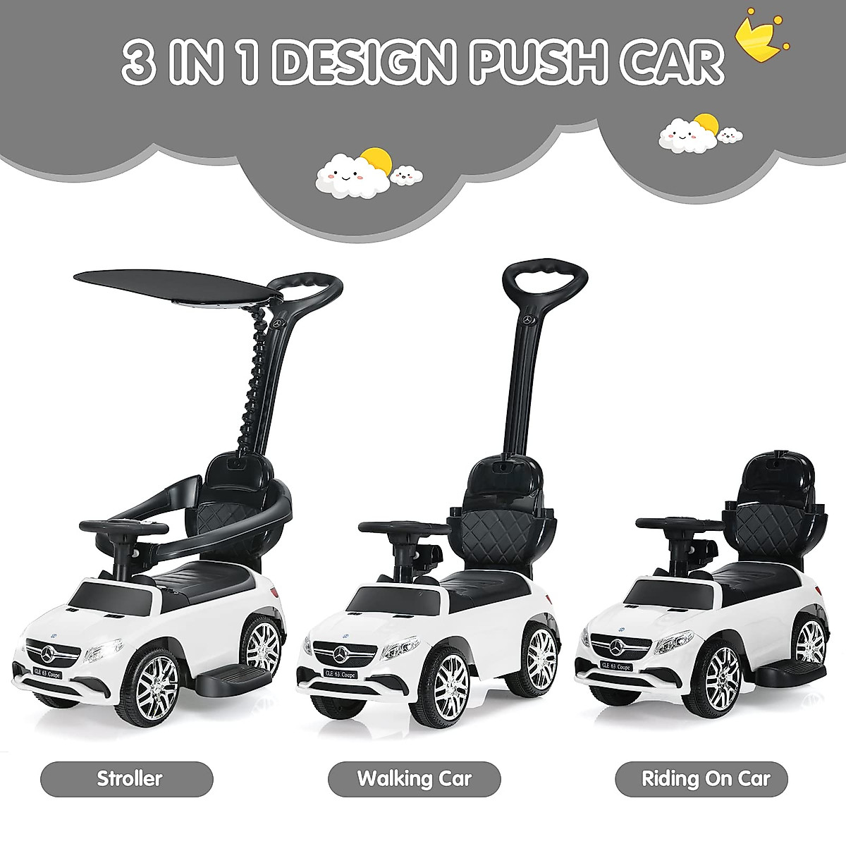 INFANS 3 in 1 Licensed Mercedes Benz Ride on Push Car, Kids Toy Stroller for Toddlers with Push Handle, Baby Foot-to-Floor Sliding Walker with Removable Canopy, Music, Horn, Under Seat Storage (White)