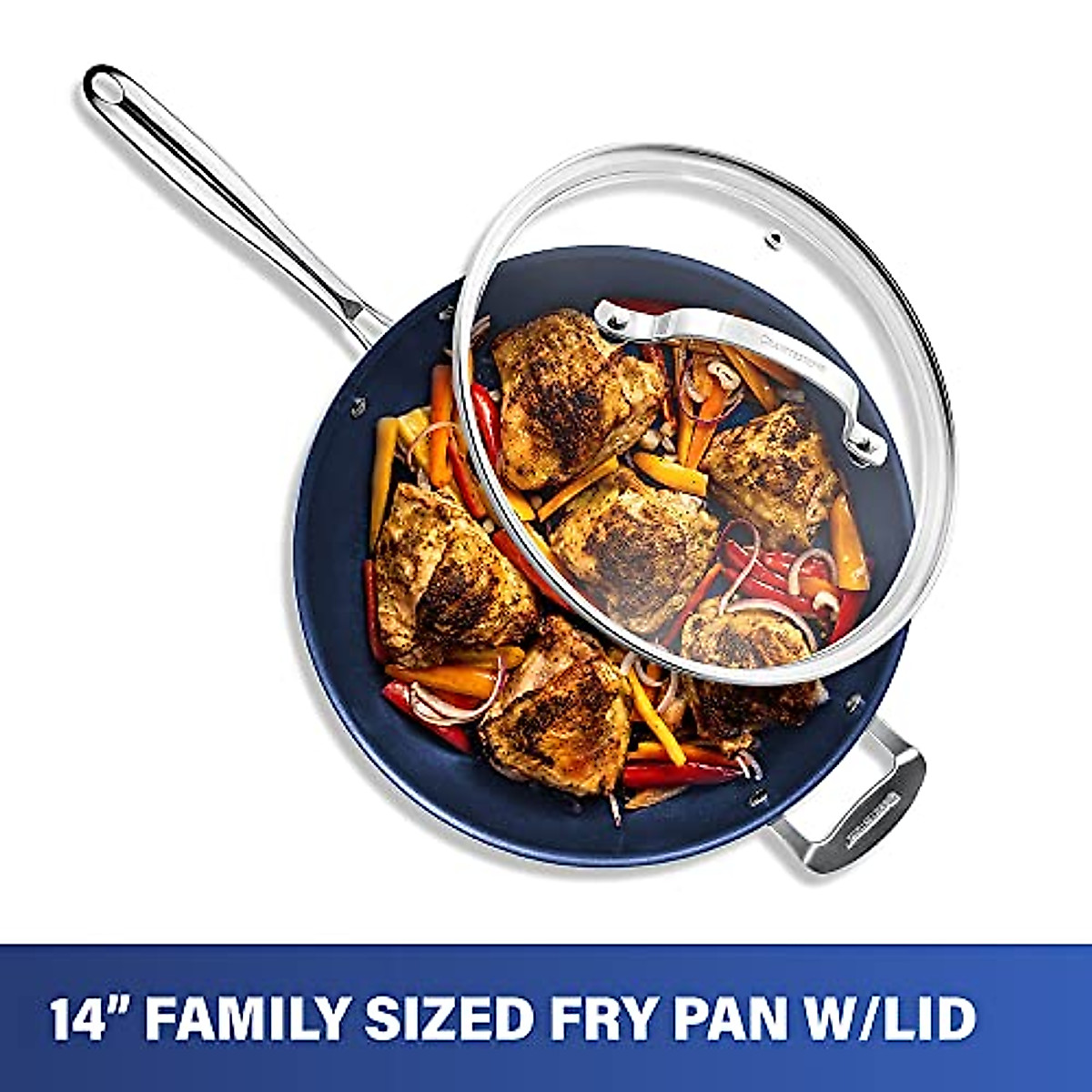 Granitestone Blue Nonstick 14” Frying Pan with Lid with Ultra Durable Mineral and Diamond Triple Coated Surface, Family Sized Open Skillet, Oven and Dishwasher Safe, 100% PFOA Free