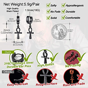 FaithHeart Ladies Stainless Steel Ankh Cross Dangle Hinged Hoop Earrings, Women Hoop Huggie Earrings Egyptian Cross Drop Dangle Earrings-Black