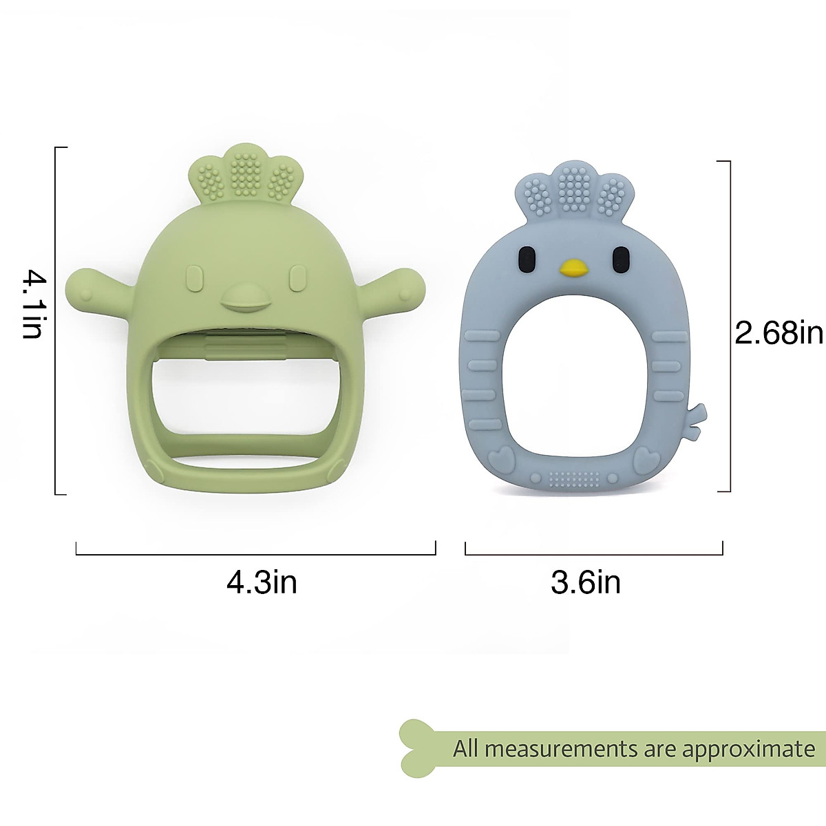 2PCS Chick Shape Baby Teething Toys, Never Drop Hand Wrist Teether, Baby Chew Toys for Sucking Needs, Silicone Baby Mitten Teether for Soothing Teething Pain Relief, Easy to Grip (Green/Blue)