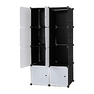 Trlec 20 Cube Organizer Stackable Plastic Cube Storage Shelves Design Multifunctional Modular Closet Cabinet with Hanging Rod White Doors and Black Panels