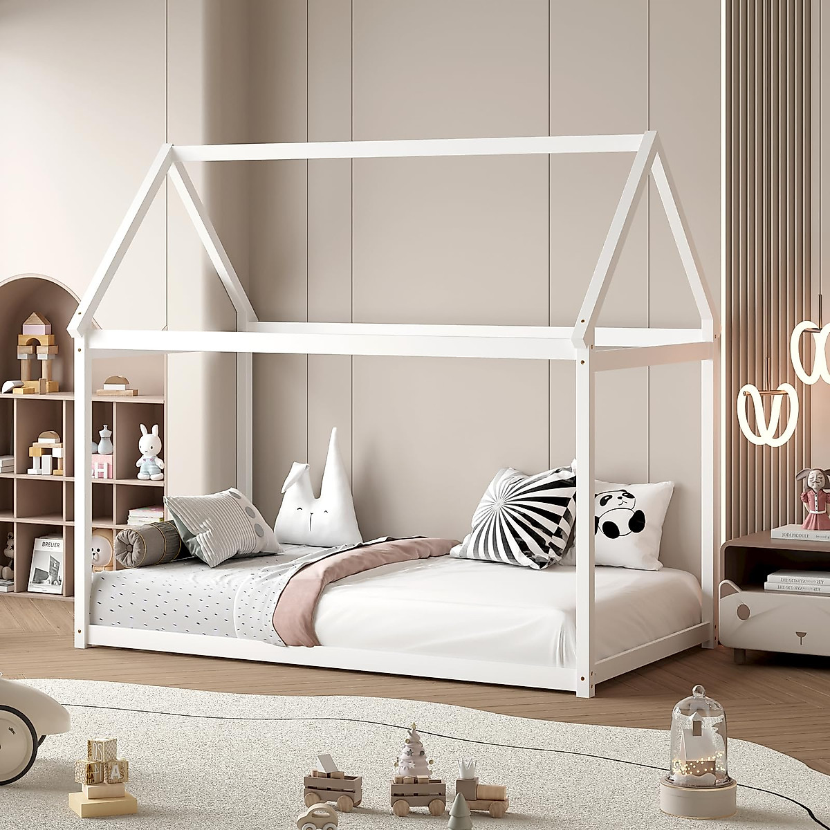 Giantex Twin House Bed, Wood Montessori Bed Frame with House Roof Canopy, Low Floor Bed with Sturdy Wood Slat Support, No Box Spring Needed, Twin Playhouse Bed for Kids Teens Boys Girls (White)