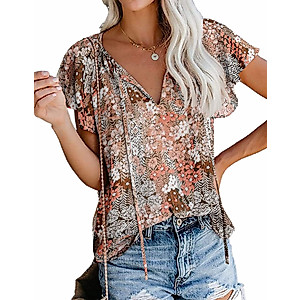 SimpleFun V Neck Tops for Women Sexy Casual Flower Print Drawstring Bohemian Blouses (A-Khaki,XXL)