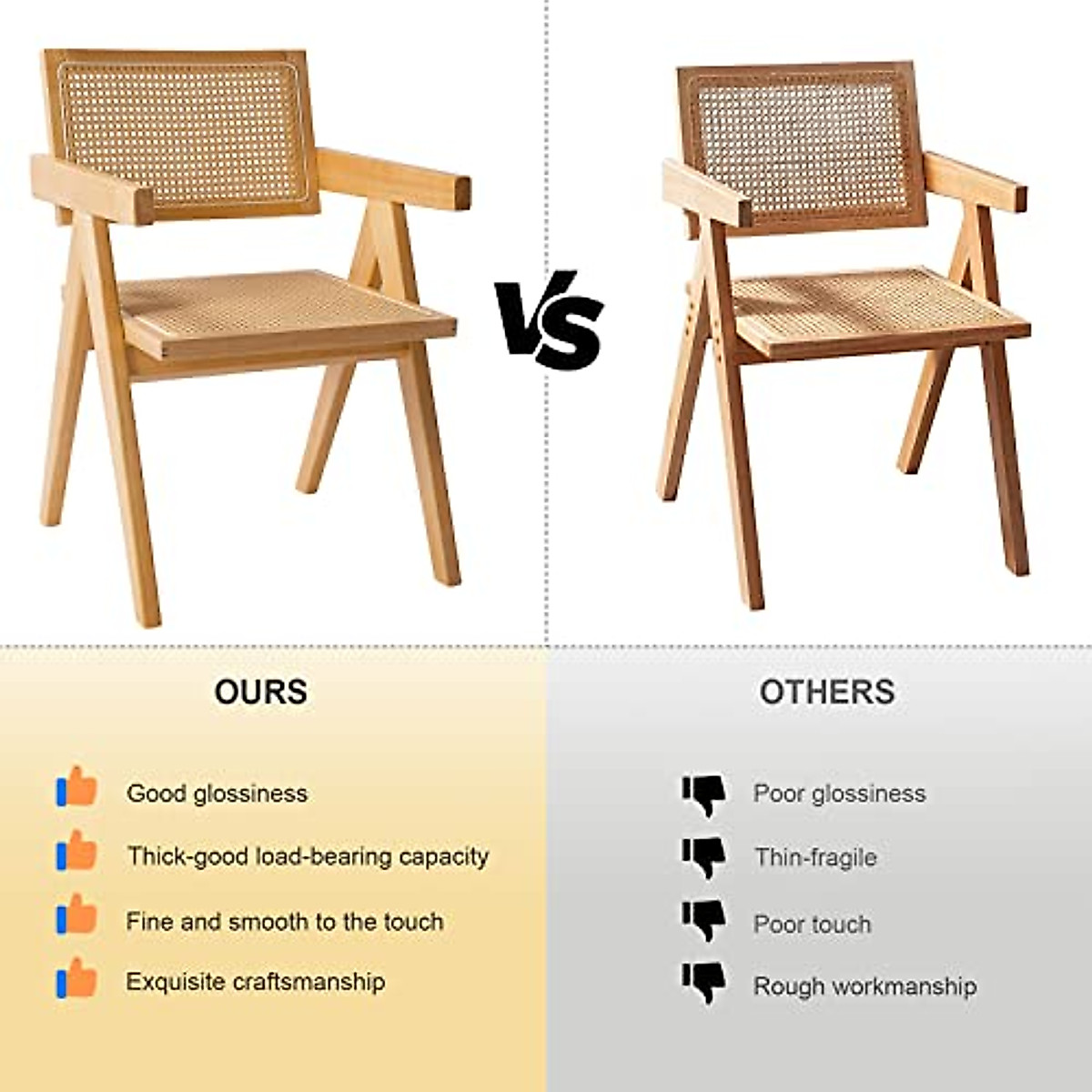 comfy to go Rattan Dining Chairs Set of 6, Wooden Armchair Cane Kitchen Chairs with Arms, Light Walnut Color