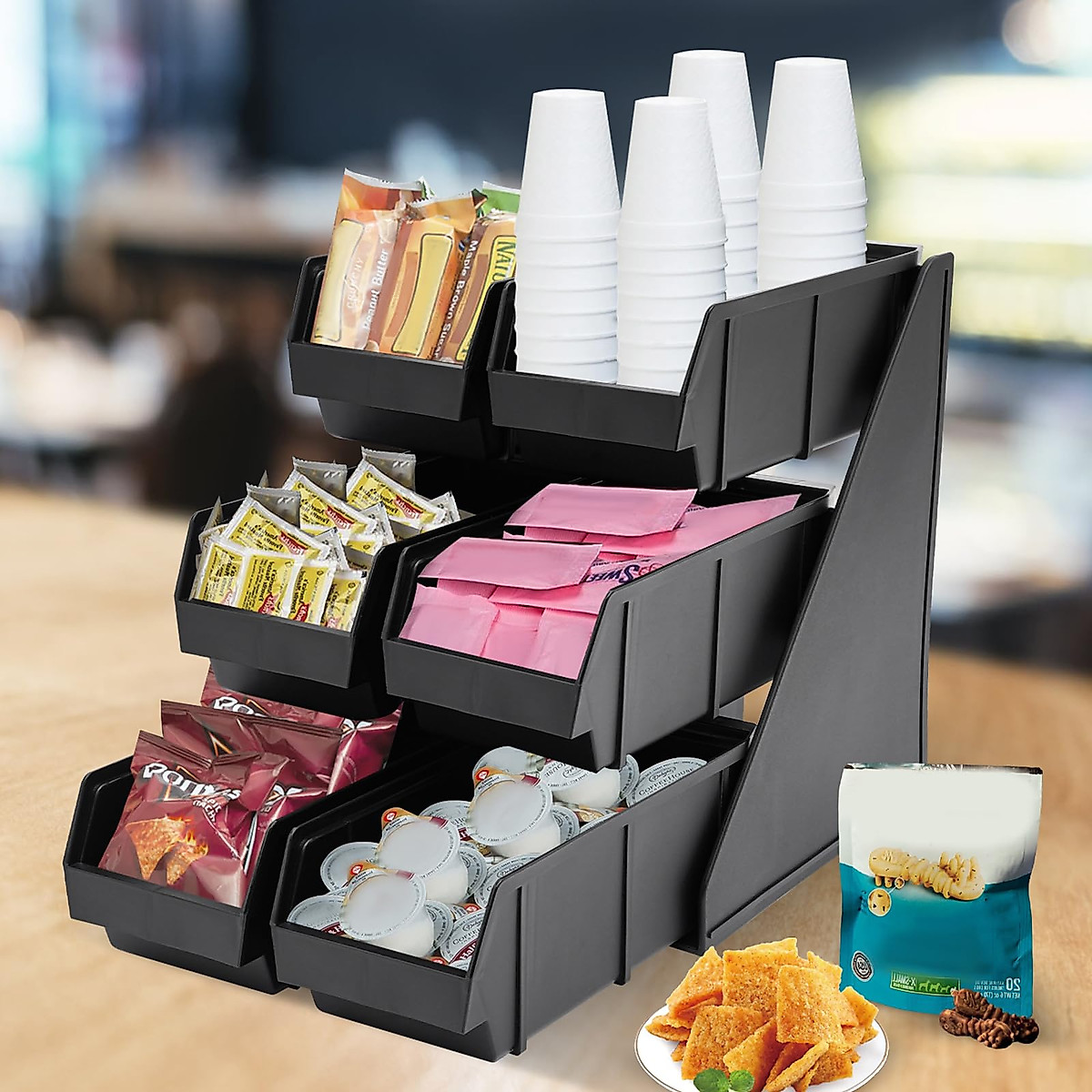 Condiment Serving Container, Self Serve Condiment Bin Stand Set, Plastic Containers Storage Bins for Closet, Kitchen, Office, or Pantry Organization