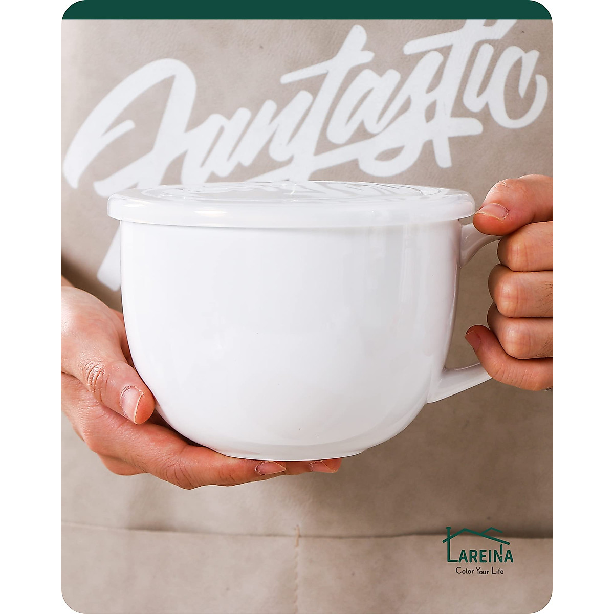 Lareina Large Soup Mugs 28 oz - Ceramic Cups With Anti-Heat Handle - Coffee Mugs Set With Vented Plastic Highly Sealed Lid Jumbo Soup bowl Microwave & Oven Safety - Set of 2 - White