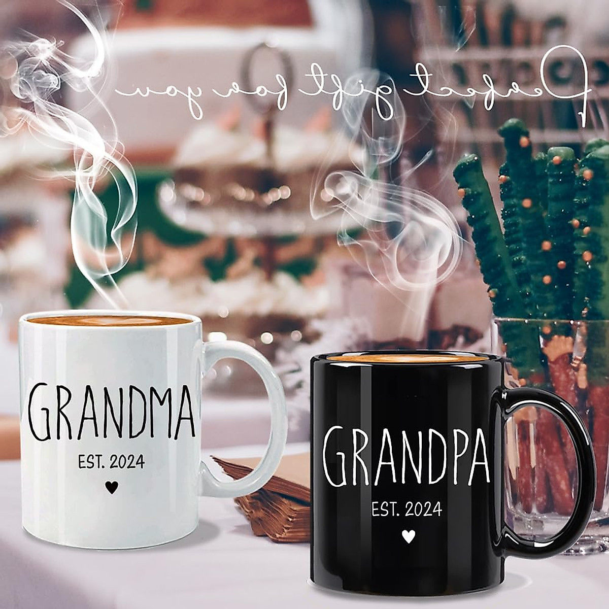 FALJIOK 2Pcs Grandparent Coffee Mugs 11oz Est 2024 Set, 2024 Best Congratulatory Gifts for Grandparent Mom Dad, Christmas Birthday Thanksgiving Gifts for Grandma Grandpa Black & White