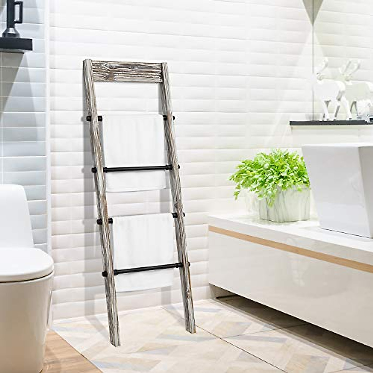 MyGift Solid Torched Wood Wall Leaning Blanket Ladder Quilt Rack, Farmhouse Bathroom Storage Towel Ladder Holder with Industrial Black Metal Pipe Rung