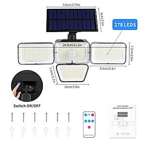 Solar Motion Sensor Lights, 278 LED 4 Heads Outdoor Solar Lights Motion Sensor with Remote Control IP65 Waterproof LED Solar Flood Lights Outdoor Wall Lights Security Lights for Garage Yard Patio