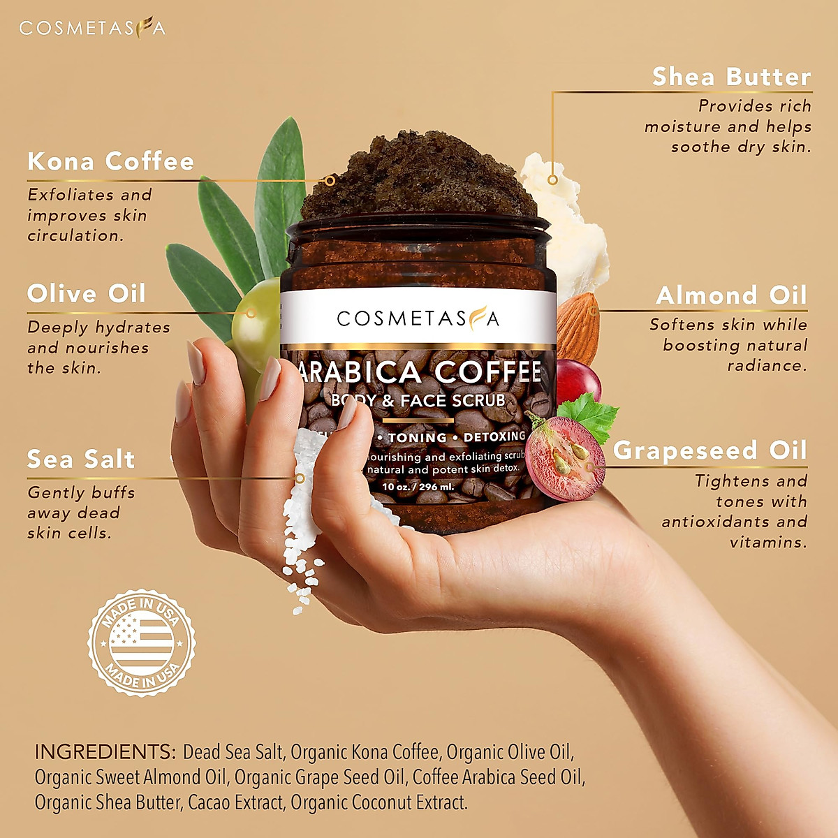 Cosmetasa Organic Arabica Coffee Scrub Bundle with Exfoliating Gloves - 2 in 1 Coffee Face Scrub + Coffee Exfoliating Body Scrub for Women & Men - Natural Coffee Scrub Body Exfoliator for Cellulite
