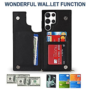 DEFBSC Compatible with Samsung Galaxy S22 Ultra Case, Crossbody Wallet Case, Adjustable Detachable Lanyard Neck Strap with Kickstand Leather Card Holder Protective Cover-Black