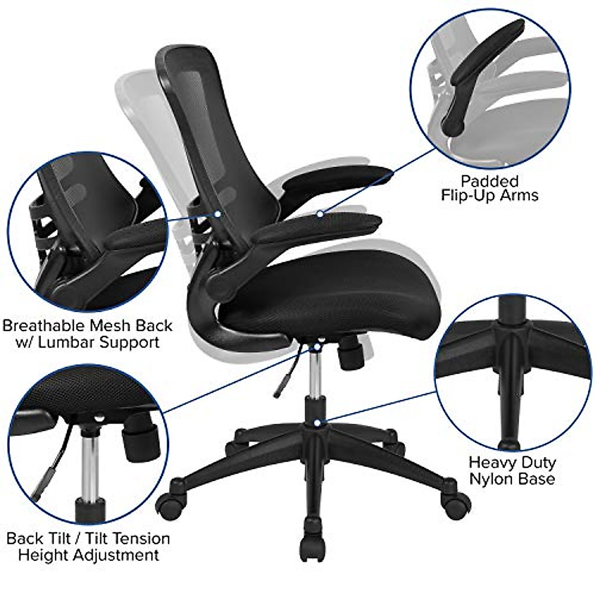 Flash Furniture Kelista Mid-Back Swivel Ergonomic Task Office Chair with Flip-Up Arms, BIFMA Certified-Set of 5, Black Mesh