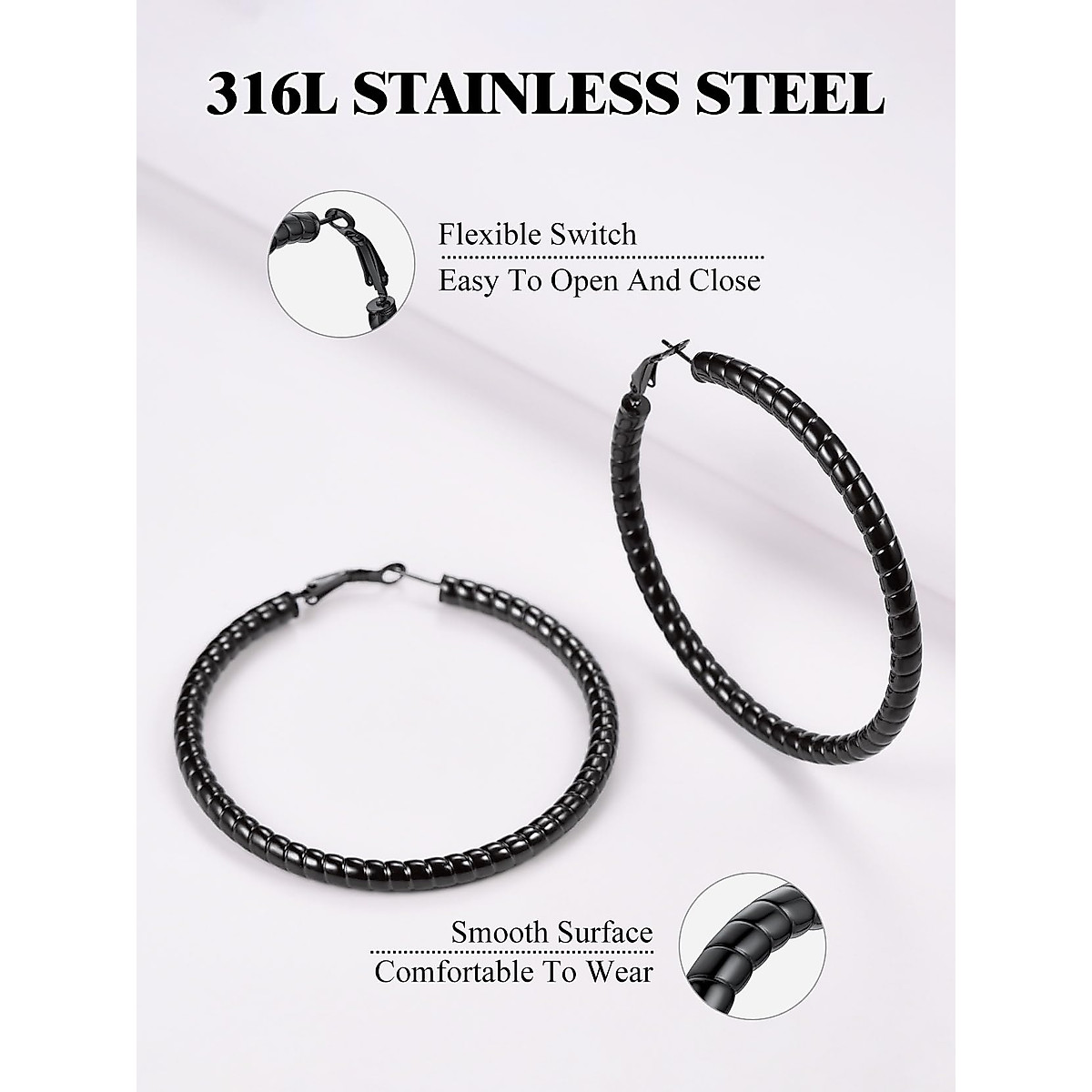 Black Earrings for Women Large Hoop Sensitive Ears Lightweight Chunky Hoops Everyday Jewelry 70mm