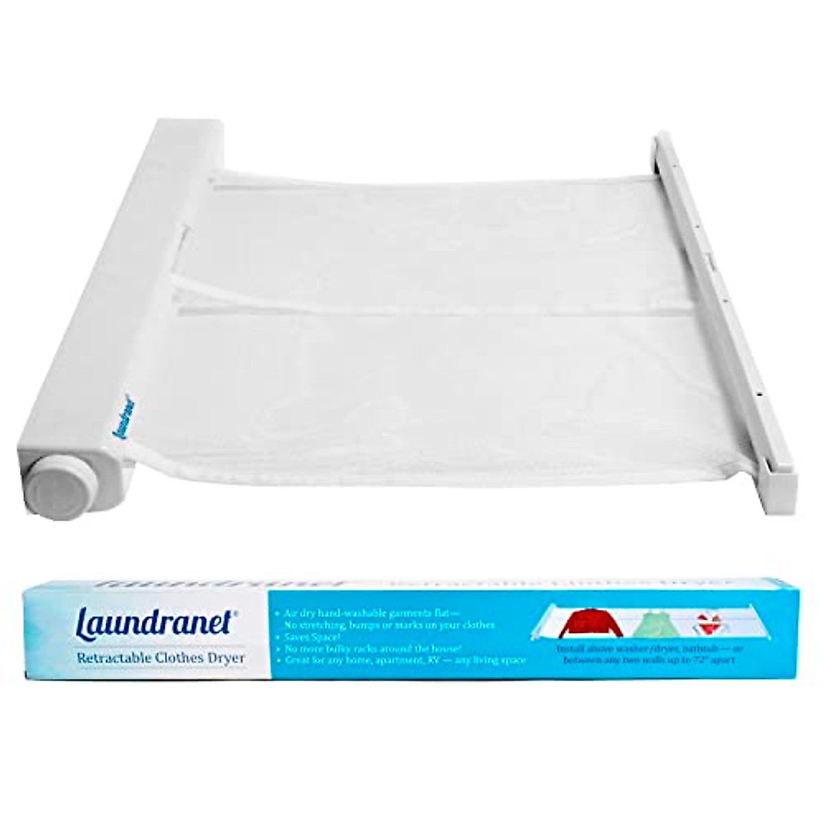 LAUNDRANET Retractable Clothes Drying Rack - Flat Hanging Mesh Drying for Delicate Clothes and Sweaters – Eliminate Bumps and Stretching from Hangers and Lines - 24" Wide and Opens Up to 72" - 1 Pack