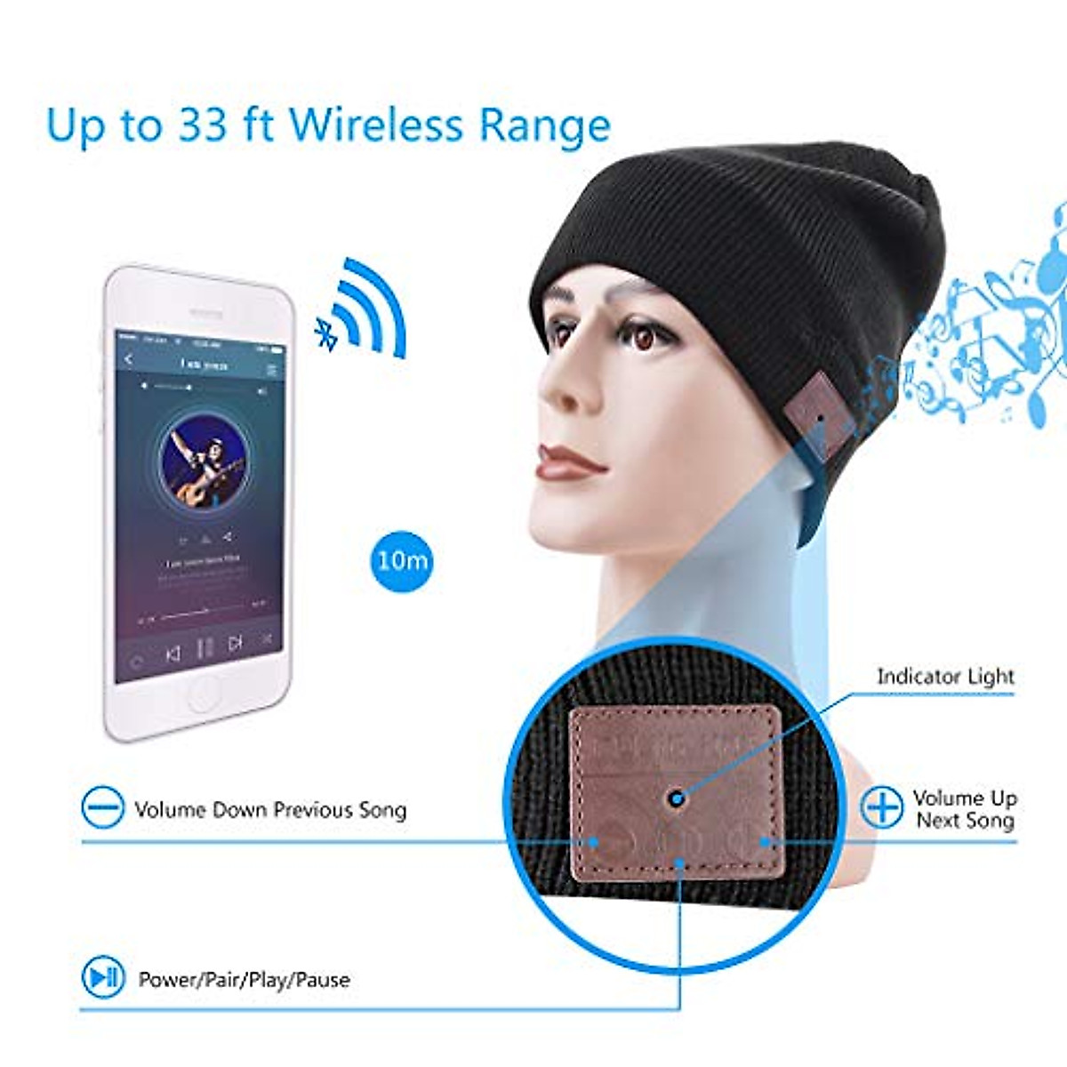 BearsFire Bluetooth Beanie Hat with Touchscreen Gloves, Wireless Headphone Music Hat Cap Winter Soft Warm Knitted Hat for Men Black