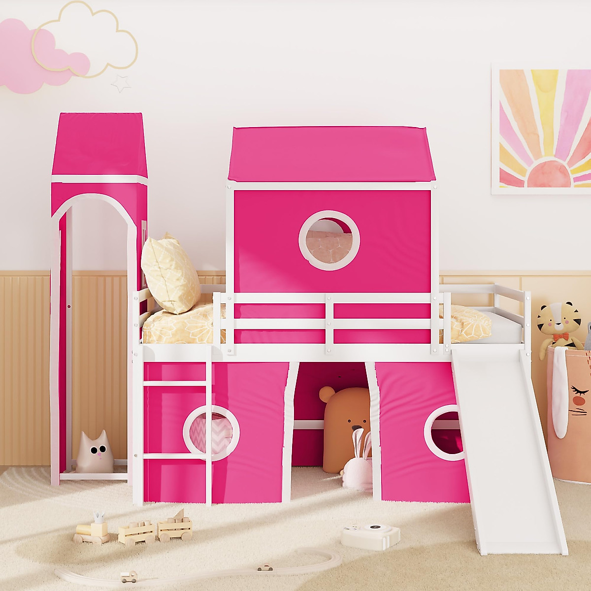 Full Size House Loft Bed Kids Loft Beds with Slide, Tent and Tower, Solid Wood Loft Bed with Small Pinnacle for Kids Girls Boys Teens (Pink)