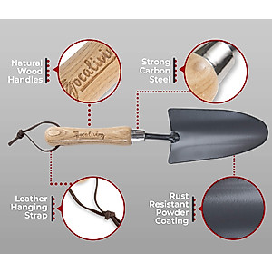 OCALIVING Garden Tool Set- Gardening Tools -Planting Trowel, Fork, Weeder, Transplanter, Rake & 6 pocket Storage Bag -Heavy Duty Gardening Kit- Gardening Gift Women Men -Wood Handle Tools