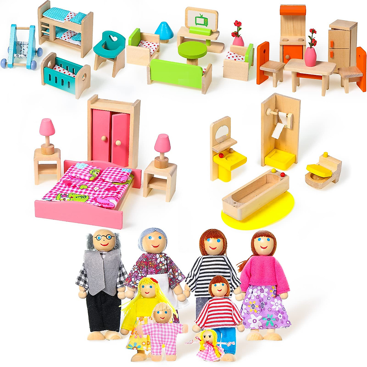 Civaner 52 Pcs Wooden Dollhouse Furniture Set Including 8 Family Dolls Miniature Doll House Accessories 1:12 Scale 5 Space Kits Bathroom Bedroom Living Room Dining Room Kitchen Gift for Christmas