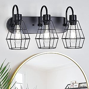Mlambert 3-Light Industrial Bathroom Vanity Light, Vintage Metal Cage Wall Sconce, Rustic Farmhouse Wall Light Fixture, Wall Lamps for Bedroom, Living Room, Mirror Cabinet, Black (Bulb Not Included)