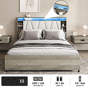 Full Size Bed Frames with Storage Headboard and LED Lights, Upholstered Platform Bed with Charging Station, Storage Space Under The Bed, Steel Slat Support, No Box Spring Needed, Noise Free