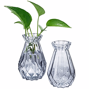 MyGift Small Clear Gray Glass Decorative Vase, 6 Inch Diamond-Faceted Flower Bud Vase, Set of 2