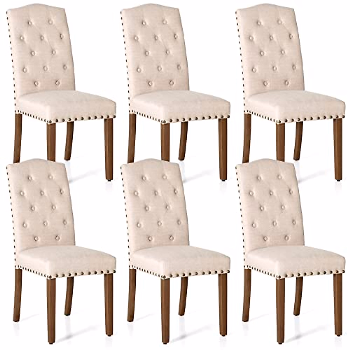 MAISON ARTS Upholstered Parsons Dining Chairs Set of 6, Linen Fabric Dining Room Chairs with Nailhead Trim and Solid Wood Legs Dining Room Kitchen Side Chairs (Beige)