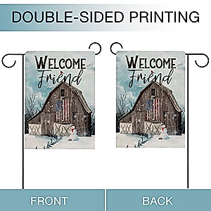 Hzppyz Welcome Friend Winter USA Country Barn Farm Garden Flag Double Sided, Snowman Cardinal Decorative House Yard Outdoor Small Patriotic Decor, Christmas Farmhouse Home Outside Decoration 12 x 18
