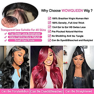 WOWQUEEN 13x4 Body Wave Lace Front Wigs Human Hair 24 Inch HD Lace Front Wigs Human Hair Pre Plucked 180 Density Glueless Lace Front Human Hair Wigs for Women 100% Brazilian Body Wave Frontal Wigs