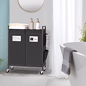Double Laundry Hamper with Wheels and Lid; Laundry Basket with Removable Liner Bag; 2 x 15 Gallons (114L) Clothes Hamper with Top Shelf; Laundry Sorter with Side Pocket (Black)
