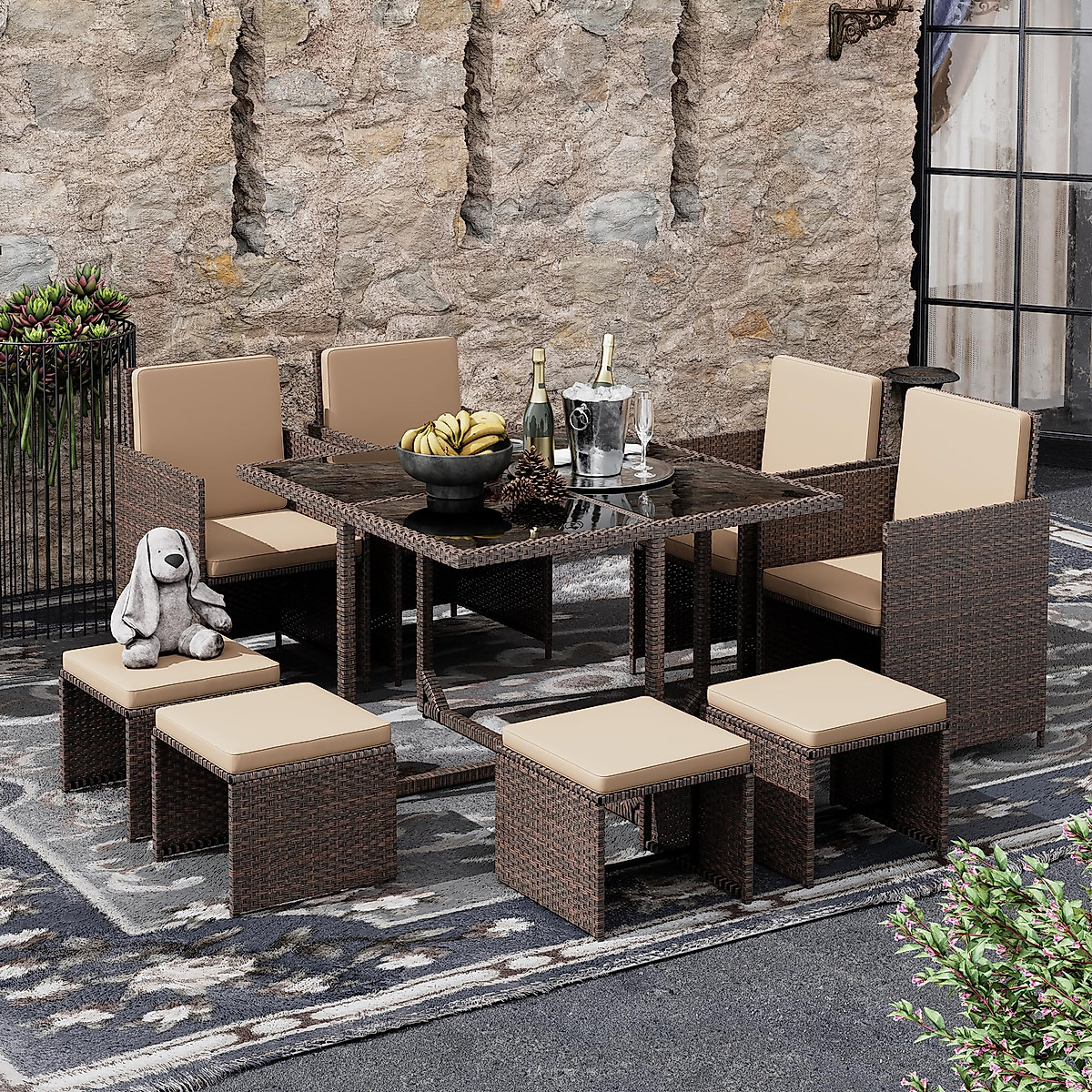 Esmlada 9 Pieces Patio Dining Sets Outdoor Conversation Sets, Space Saving Wicker Chairs with Glass Table and Ottomans, Cushioned Seating and Back Sectional Dining Sets(BR-BE)