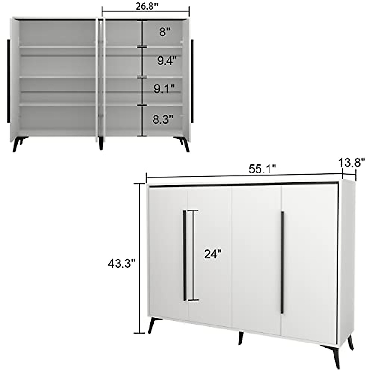 AGOTENI Shoe Cabinet with 4 Doors & 4 Tier Shelves for Entryway, Modern Shoe Storage Cabinet, Freestanding Shoe Rack Storage Organizer (55.1”W x 13.8”D x 37.4”H)