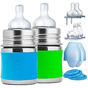 Pura Kiki Newborn Baby Bottle Gift Set - BPA-Free, Stainless Steel, Anti-Colic, Silicone Starter Feeding for Breastmilk & Formula - Aqua & Green, 0-18 Months