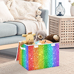 Krafig Rainbow Glitter Decorative Storage Box with Lid Large Bins Baskets Collapsible Cube Organizer Foldable Containers for Organizing, Toy, Playroom, Shelf, Closet