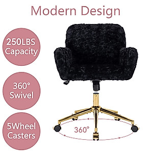 Faux Fur Desk chair Vanity Makeup Chair, Comfy Fluffy Swivel Home Office Chiar with Wheels, Height Adjustable Comfy Fluffy Desk Chair for Teens Girls Women, Easy Movable (Black-rabbit fur, Gold Base)