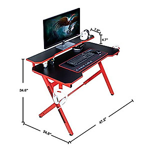 JJS 48" Home Office Gaming Computer Desk with Removable Monitor Stand, R Shaped Large Gamer Workstation PC Table with Cup Holder Headphone Hook Speaker Storage Free Mouse pad, Black/Red