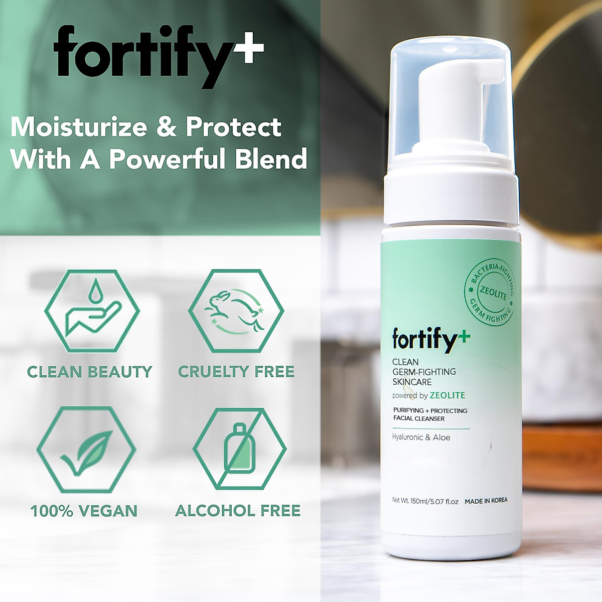 Fortify Skincare 9-in-1 Korean Foaming Facial Cleanser with Hyaluronic Acid & Aloe - Deep Purifying Face Wash - Derm-Tested, Vegan, Clean Beauty, All Skin Types - Fragrance-Free - 150ML/5.07Fl.Oz