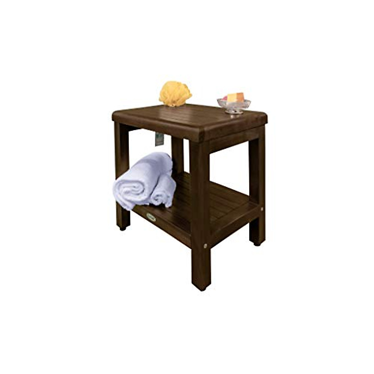DecoTeak Classic Shower Bench Eleganto Natural Wooden Seat Shower Stool with Shelf 18" Armless Open Back Bench in Woodland Brown Finish