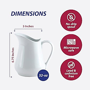 HIC Creamer Pitcher with Handle, Fine White Porcelain, 32-Ounces
