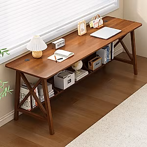 NELYE Extra Long Desk with Bookshelf - Solid Wood Home Office Work Study Table, 2-Person Writing Computer Workstation with Storage Shelf in Walnut, 71" Wx20 Dx30 H