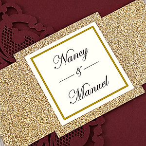 DORIS HOME 50PCS Laser Cut Wedding Invitations with Envelopes and RSVP Cards BLANK Inner With Gold Glitter Belly Band for Wedding Engagement Bridal Shower Party Invite 4.7x7 Inch Burgundy