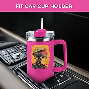 LB LEOBON 40 ounce insulated cup with handle, double-layer vacuum stainless steel material, equipped with straw, can keep warm or maintain cold drinks Neone Poppe Skeletons 3 Bright pink