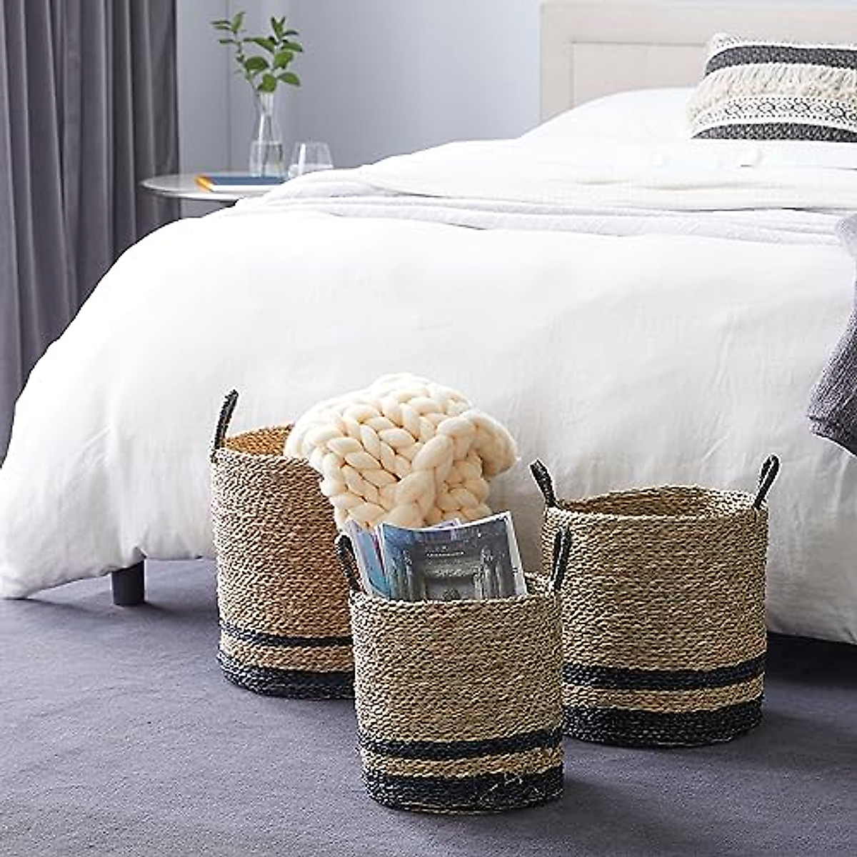 Deco 79 Seagrass Round Storage Basket with Handles, Set of 3 18", 17", 14"H, Black