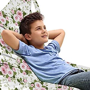 Lunarable Rose Lounger Chair Bag, Pattern with Pink Roses Bouquet Leaves Branches Girly English Design Art, High Capacity Storage with Handle Container, Lounger Size, Pale Pink White Green
